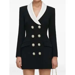 SELF-PORTRAIT Tailored Double-breasted Mini Dress With Contrast Collar - Black