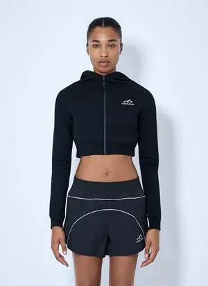 Balenciaga Cropped Zip-up Hoodie With Embroidered Logo - Black