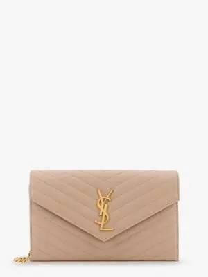 Saint Laurent Leather Crossbody Bag With Metal Cassandre Logo - Beige