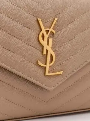 Saint Laurent Leather With Metal Cassandre Logo Shoulder Bag - Beige