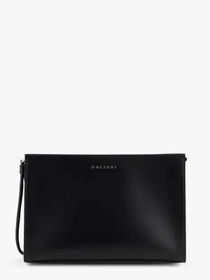 Orciani Leather Clutch Bag With Metal Lettering Logo - Black