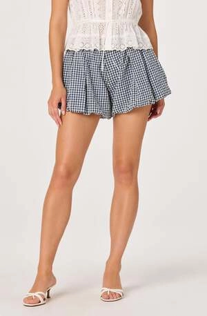Astr The Label Margeen Gingham Bubble Hem High-rise Shorts - Blue Gingham