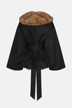 ROTATE BY BIRGER CHRISTENSEN Jacket With Faux Fur Collar And Belt - Black