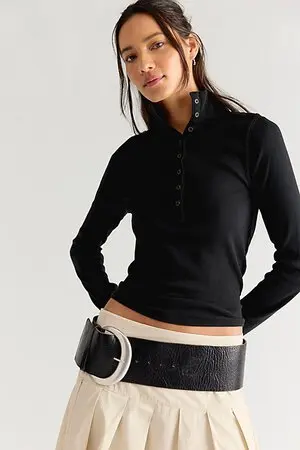 Free People We The Free Ribbed Henley Top With Classic Collar - Black