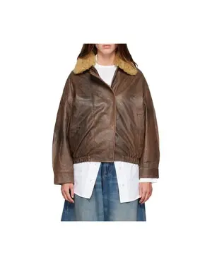 R13 Leather Jacket With Zipper And Shearling Collar - Brown