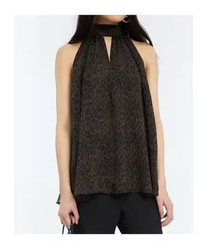 ROTATE BY BIRGER CHRISTENSEN Fleur Halterneck Leopard Print Bow Detail Top - Dark Brown