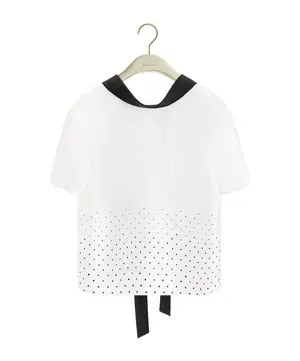 Dior Short Sleeve Blouse With Rear Tie And Embroidered Ribbon Detail - White