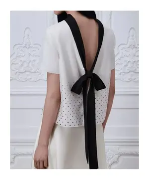 Dior Short Sleeve Blouse With Rear Tie And Embroidered Ribbon Detail