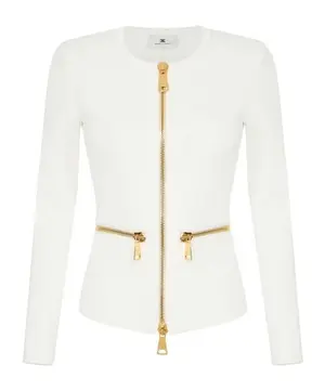 Elisabetta Franchi Knit Cardigan With Gold-tone Zipper Detail - Ivory