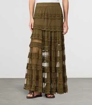 ALLSAINTS Lace Tiered Maxi Skirt - Green