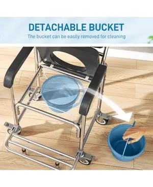 HOMCOM Personal Mobility Assist Waterproof Commode Shower Toilet Transport Wheelchair