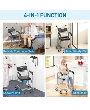 HOMCOM Personal Mobility Assist Waterproof Commode Shower Toilet Transport Wheelchair