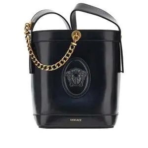 Versace Medusa Patch Leather Bucket Bag - Black