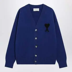 AMI Paris Wool Cardigan With De Coeur Logo - Blue