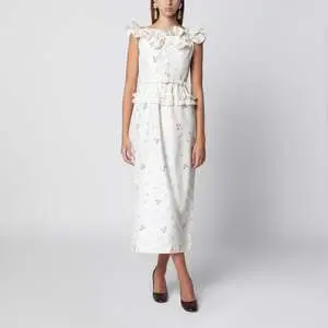 Alessandra Rich Silk Midi Dress With Floral Pattern - White