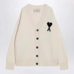 AMI Paris Wool Cardigan With De Coeur Logo - White