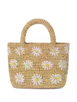 MC2 SAINT BARTH Beach Mini Raffia Bag With Embroidered Daisies - Neutrals