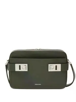 FERRAGAMO Hug Buckle Messenger Bag In Hammered Calfskin - Green