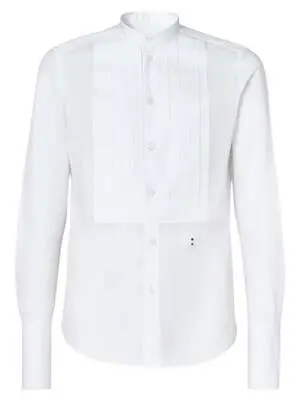 Fendi Slim Fit Cotton Shirt With Contrast Topstitching, Embroidered Detail & Mandarin Collar - White