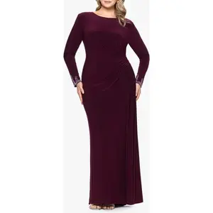 Betsy & Adam Embellished Long Sleeve Gown - Wine