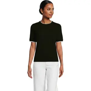 LANDS' END Double Trim Cotton Crew Neck Sweater - Black/white