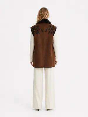 MINE BILGI Cadenza Merino Curly Shearling Long Vest With Embroidery