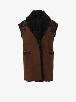 MINE BILGI Cadenza Merino Curly Shearling Long Vest With Embroidery - Black/brown