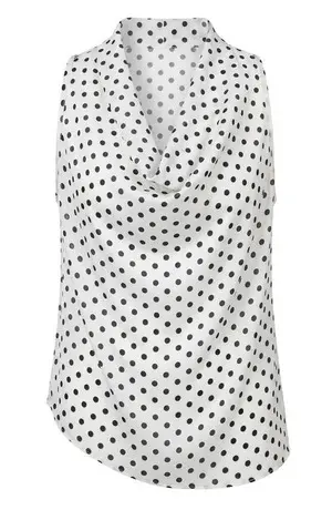 MODENAIRE Sleeveless Polka Dot Drape Neck Waist Tie Blouse - White