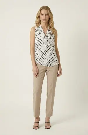 MODENAIRE Sleeveless Polka Dot Drape Neck Waist Tie Blouse