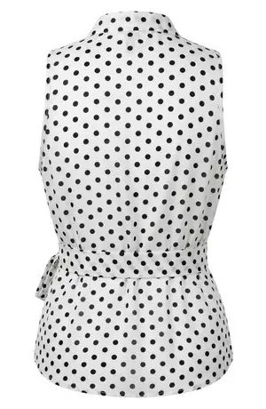 MODENAIRE Sleeveless Polka Dot Drape Neck Waist Tie Blouse