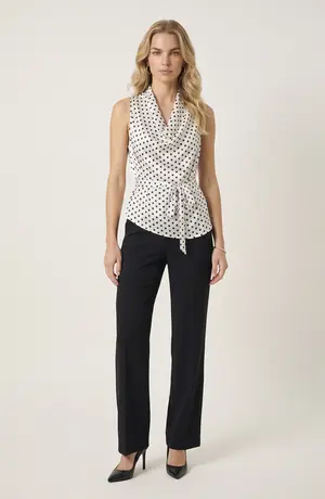 MODENAIRE Sleeveless Polka Dot Drape Neck Blouse - White