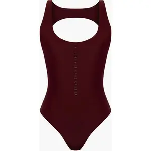 ODDLI Button One Piece" Plaid Swimsuit - Maroon
