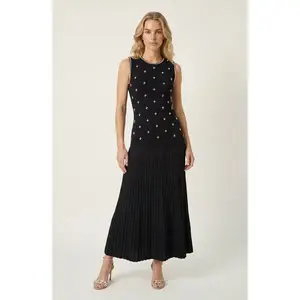 MODENAIRE Pearl Embellished Knit Midi Dress - Black