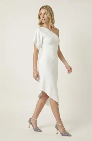 MODENAIRE One Shoulder Knit Dress With Flared Hem