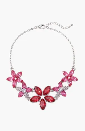 MODENAIRE Floral Crystal Statement Necklace - Fuchsia