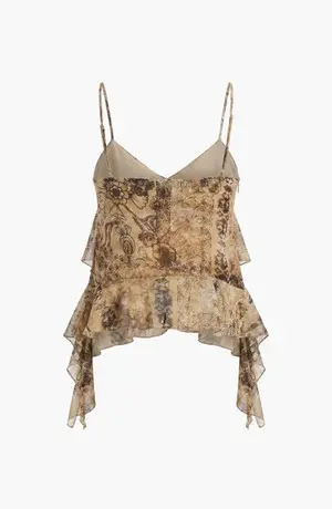 MODENAIRE Ruffled Lightweight Layered Hem Spaghetti Strap Top