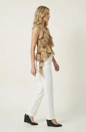 MODENAIRE Ruffled Lightweight Layered Hem Spaghetti Strap Top
