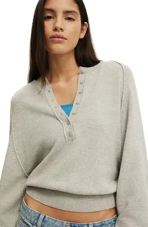 COTTON ON Oversized Henley Knit Top With Button Detail - Grey Marle
