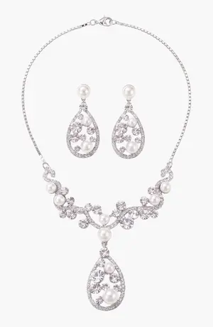 MODENAIRE Pearl And Crystal Teardrop Necklace And Earrings Set - Silver