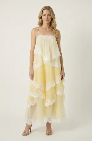 MODENAIRE Spaghetti Strap Tiered Lace Maxi Dress - Yellow