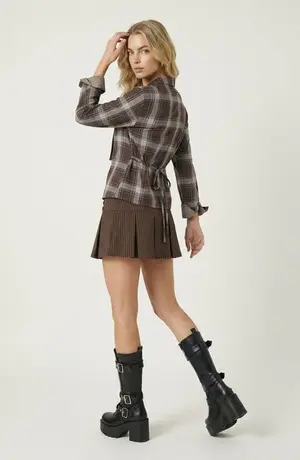 MODENAIRE Plaid Long Sleeve Button Up Blouse With Side Tie