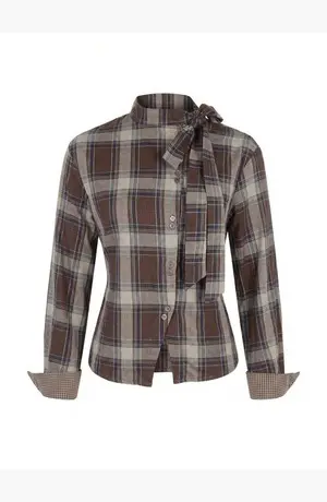 MODENAIRE Plaid Long Sleeve Button Up Blouse With Side Tie