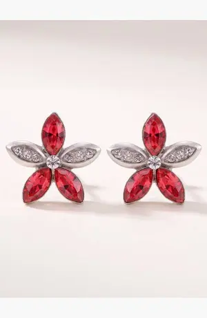 MODENAIRE Elegant Crystal Flower Stud Earrings - Red