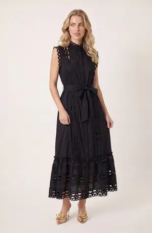 MODENAIRE Sleeveless High Neck Lace Overlay Dress - Black