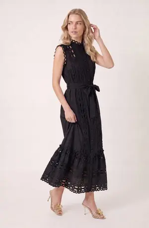 MODENAIRE Sleeveless High Neck Lace Overlay Maxi Dress - Black