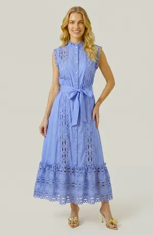 MODENAIRE Sleeveless High Neck Lace Overlay Dress - Blue