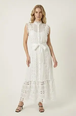 MODENAIRE Sleeveless High Neck Lace Overlay Dress - White