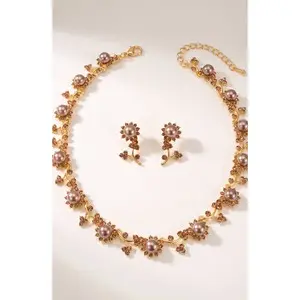 MODENAIRE Pearl And Crystal Floral Necklace And Earrings Set - Gold