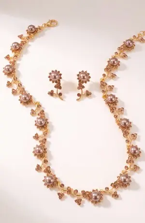 MODENAIRE Pearl And Crystal Floral Necklace And Earrings Set