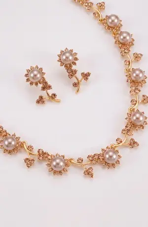 MODENAIRE Pearl And Crystal Floral Necklace And Earrings Set